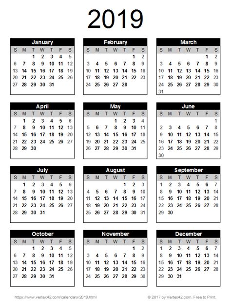 Free Printable 2019 Yearly Calendar