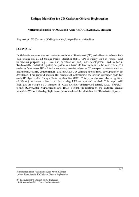 Pdf Unique Identifier For 3d Cadastre Objects Registration