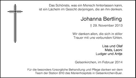 Traueranzeigen Von Johanna Bertling Trauer In Nrw De