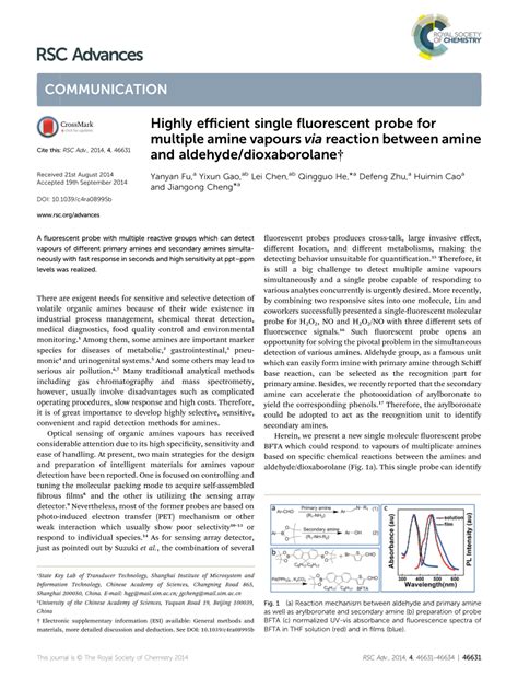 Pdf Highly Efficient Single Fluorescent Probe For Multiple Amine