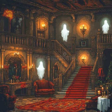 Spooky Haunted Mansion Interior With Ghostly Figures And Stairs Stock