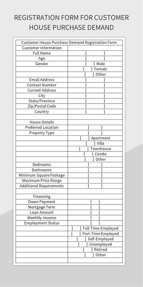 Registration Form For Customer House Purchase Demand Excel Template And