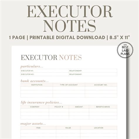 Executor Notes Printable Pdf Estate Executor Notes Will Executor Notes