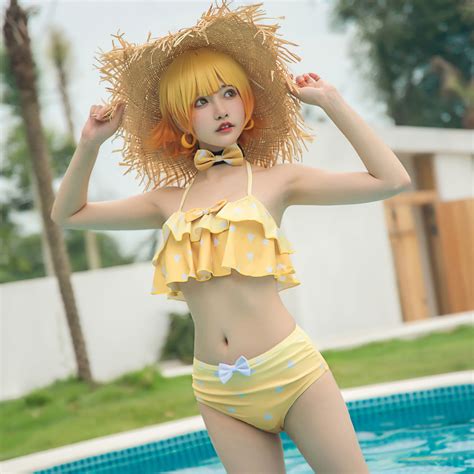 Haikyuu Women Two Piece Anime Swimsuit Yellow Ruffled Bikini Set Beach