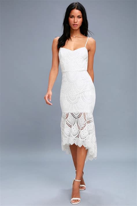 Lovely White Dress Lace Midi Dress Bodycon Dress Lulus