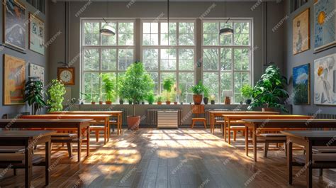 Sunlit Classroom Interior With Wooden Desks And Large Window Premium