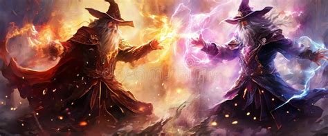 Wizard Duel With Fiery And Electric Magical Spells Stock Image Image Of Combat Casting 340826141