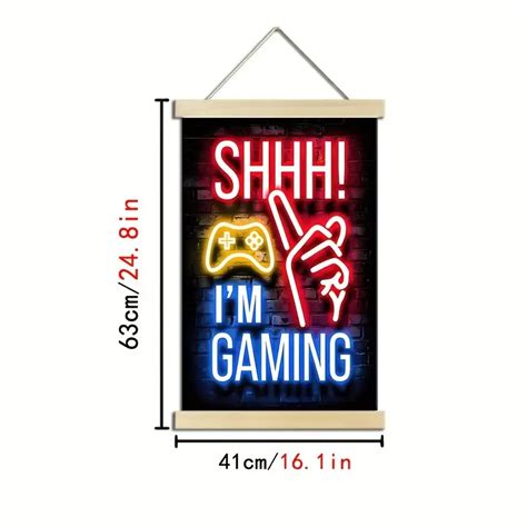 אמנות דקו מודרנית ניאון גיימינג שלט קנבס אמנות קיר מסגרת עץ אורן הדפס אותיות תפאורה תלויה על