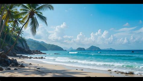 Tropical Beach Scenery With Palm Trees And Turquoise Ocean Waves Stock