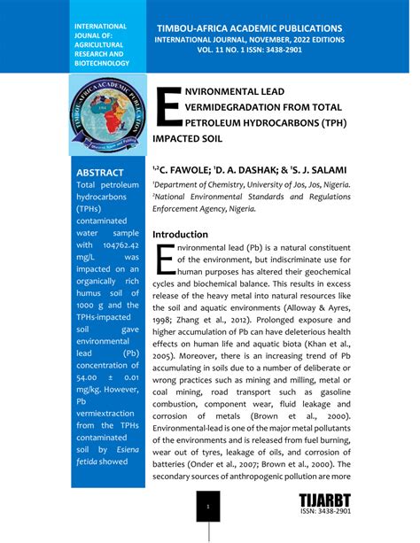 Pdf Environmental Lead Pb Vermidegradation From Total Petroleum