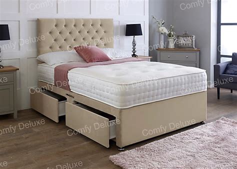 4ft6 Double Mink Plush Velvet Pocket Divan Bed And Chesterfield Headboard