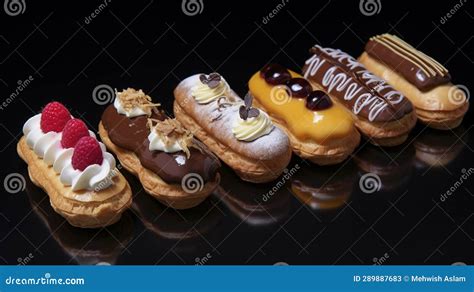 A Photo Of A Selection Of Miniature Eclairs With Various Fillings Stock