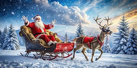 Santa Riding Sleigh Pulled By Reindeer Through Snowy Winter Sky Santa