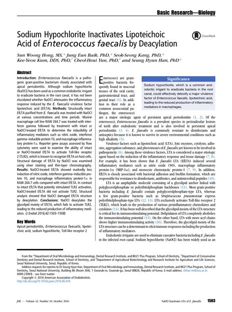 Pdf Sodium Hypochlorite Inactivates Lipoteichoic Acid Of Enterococcus Faecalis By Deacylation