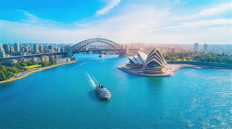 Aerial View Of Sydney Opera House Harbour Bridge And A Cruise Ship