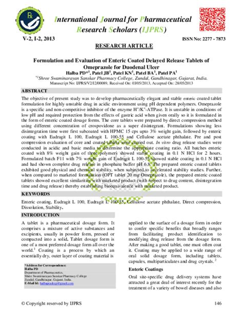 Pdf Formulation And Evaluation Of Enteric Coated Delayed Release