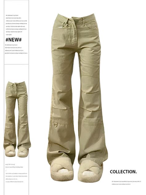 Womens Khaki Flare Pants Baggy 90s Y2k Streetwear Pants Vintage