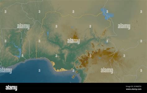Outlined Shape Of The Nigeria Area Topographic Relief Map With Surface Waters 3d Rendering