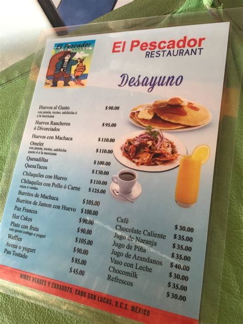 Menu At El Pescador Restaurant Cabo San Lucas Zaragoza Niños Heroes Y