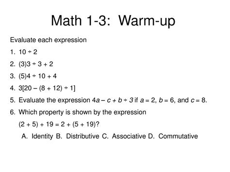 Math 1 3 Warm Up Evaluate Each Expression 10 ÷ 2 33 ÷ Ppt Download