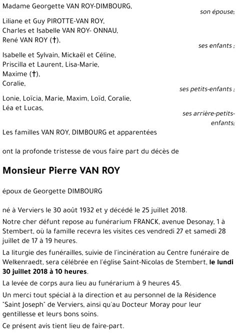 Avis De Décès De Pierre Van Roy Décédé Le 25 07 2018 à Verviers Annonce Condoléances Fleurs