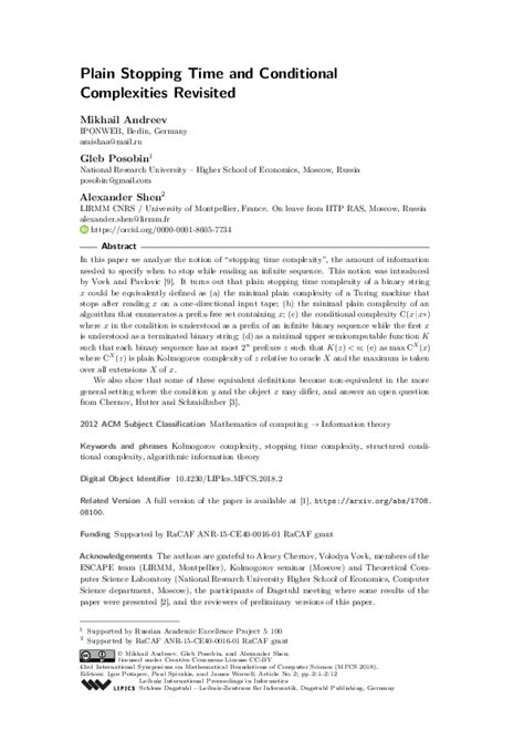 Pdf Plain Stopping Time And Conditional Complexities Revisited