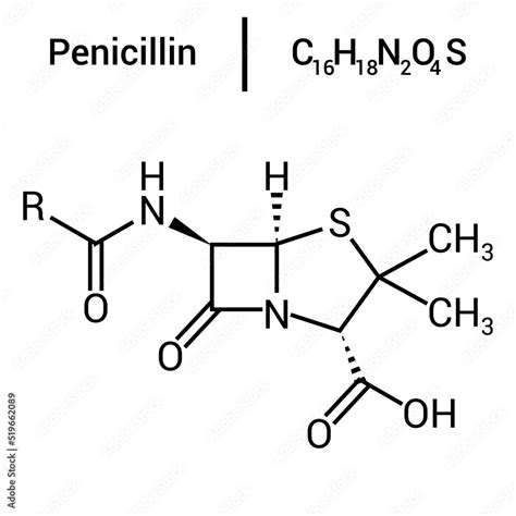 Chemical Structure Of Penicillin C16h18n2o4s Stock Vector Adobe Stock