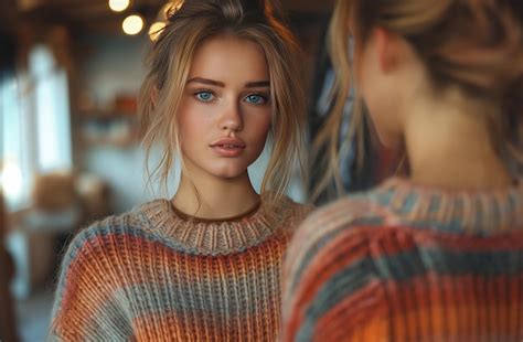 Premium Photo Young Woman Looking At Herself In The Mirror