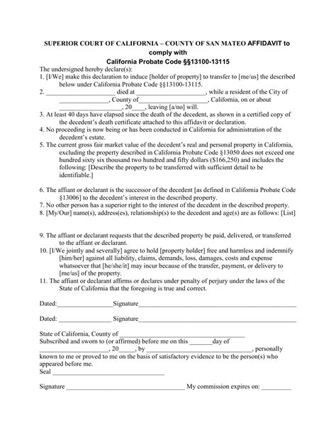 County Of San Mateo California Affidavit To Comply With California Probate Code 13100 13115