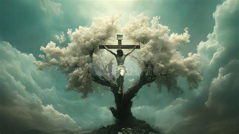 Jesus Crucifixion On Tree Against Cloudy Sky Stock Illustration
