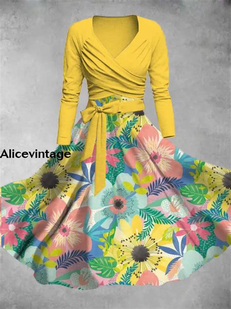Floral Art Print Vintage V Neck Long Sleeve Two Piece Midi Dress