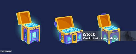 미래 기술 상자 닫히고 열린 미래형 상자 게임 아이콘 공상 과학 장비 전자 잠금 장치가 있는 전리품 상자 상자에 대한 스톡 벡터