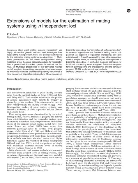 Pdf Extensions Of Models For The Estimation Of Mating Systems Using N