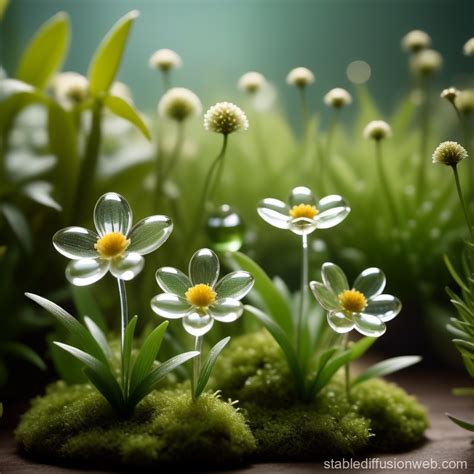 Realistic Glass Flower Landscape With Moss Stable Diffusion En Línea