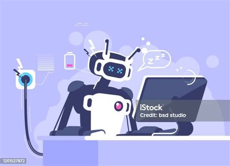 낮은 에너지 작업 플랫 벡터 일러스트와 로봇 Ai 작업자는 개념에 단점이 있습니다 매니저 인공 지능 고립 만화 캐릭터와 직원 방전된 사이보그 휴머노이드 데스크탑 컴퓨터에