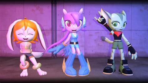 Three Cartoon Characters Standing Next To Each Other In Front Of A