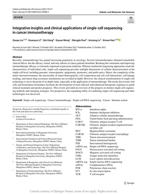 Integrative insights and clinical applications of single-cell sequencing in cancer immunotherapy ...