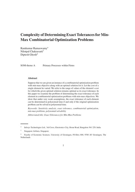 Pdf Complexity Of Determining Exact Tolerances For Min Max Combinatorial Optimization Problems