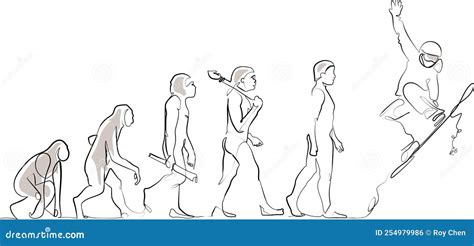 Continuous One Line Drawing Art Men Evolution To Snowboarder Stock