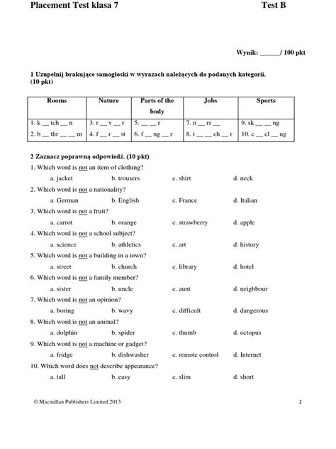 Klasa 7 Placement Test B Pdf