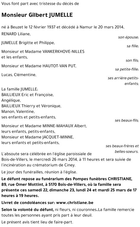 Avis De Décès De Gilbert Jumelle Décédé Le 20032014 à Namur Annonce