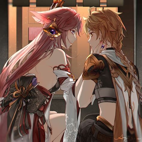 Yae Miko And Aether Genshin Impact Drawn By Ljayu Danbooru