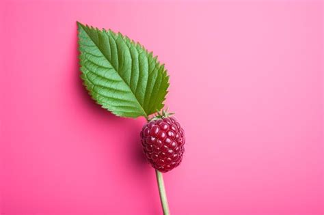 Premium Photo A Close Up Of A Raspberry With A Green Stem On A Pink