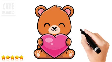How To Draw A Cute Teddy Bear Holding A Heart Draw Cute Bear With Pink