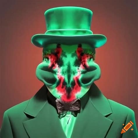 Man In Green Victorian Suit And Top Hat With Neon Red Rorschach Blot Head On Craiyon
