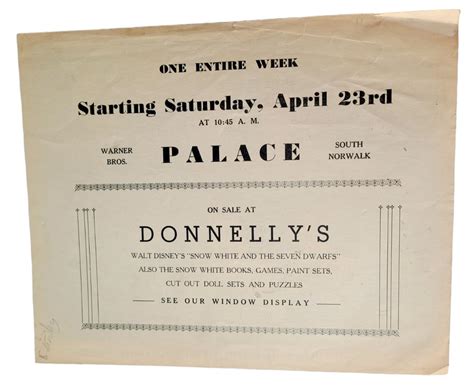 1938 Vintage Disney Snow White Poster Two Sided Norwalk Ct Promotion