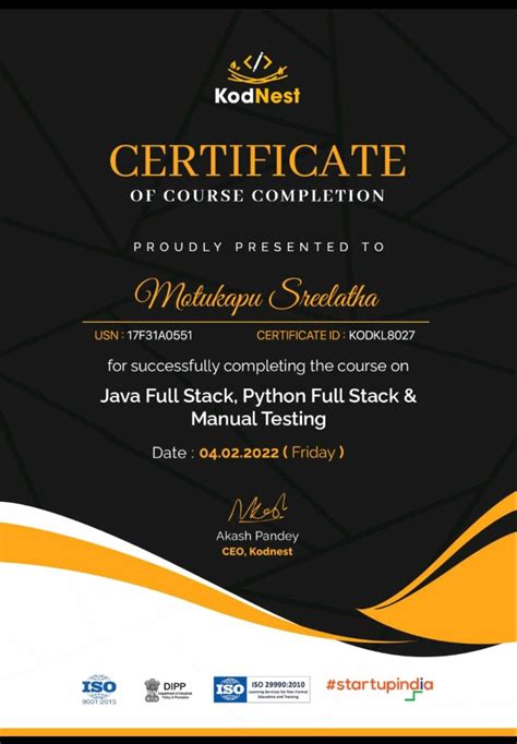 Successfully Completed Full Stack Development Course From Kodnest