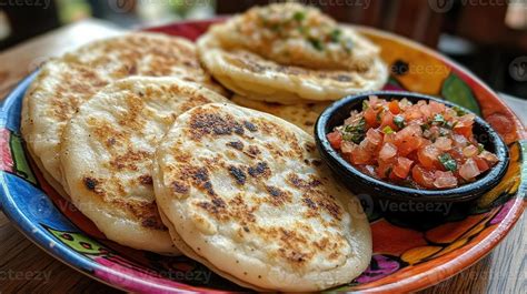 Pupusas And Curtido Served With Tomato Salsa On Colorful Plate 51741739