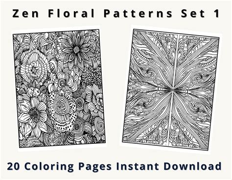 20 Zen Floral Patterns Set 1 Coloring Pages Adult Coloring Book