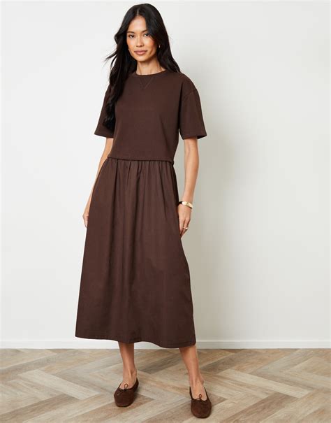 Threadbare Womens Sweat Dress With Poplin Skirt In Brown